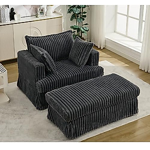 Eafurn Corduroy Upholstered Accent Chair with Movable Ottoman, Oversized Singel Chaise Lounge Sectional Sofa Couch Deep Seat Armchair with Detachable Seat & Back Cushions for Living Room Apartment