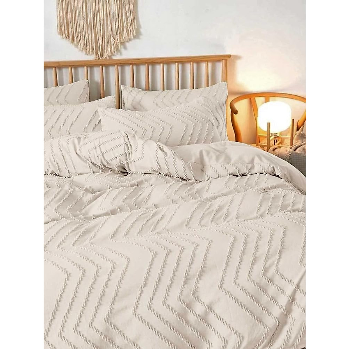 Nanko Beige Duvet Cover Twin Size, 2pc Boho Tufted Microfiber Bedding Comforter Cover Set, All Season Aesthetic Shabby Chic Soft Embroidery Textured Geometric Quilt Cover 68x90 inches