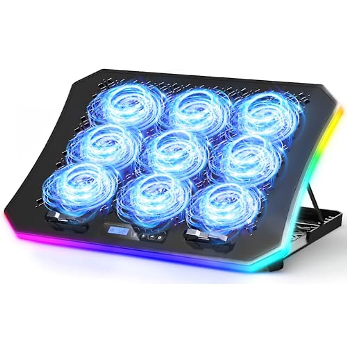KeiBn Upgraded Gaming Laptop Cooler Pad with 9 Quiet RGB Fans, Cooling Pad for 15.6-17.3 Inch Laptops with 7 Height Stands, 2 USB Ports, Phone Stand-Blue