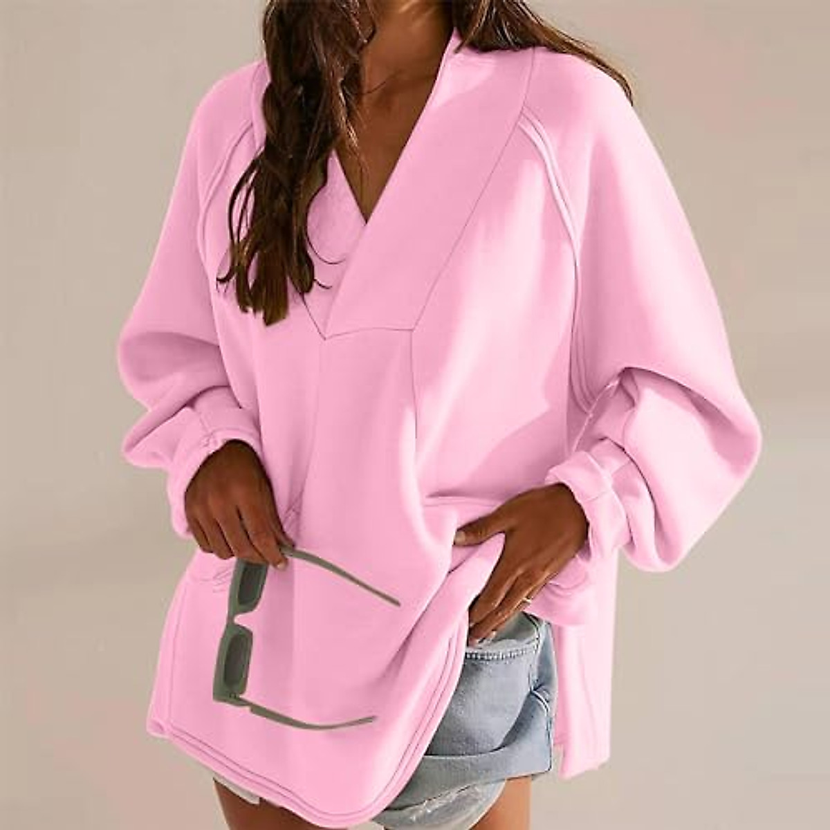 KSODFNXH Oversized Sweatshirt for Women Fashion Fall V Neck Long Sleeves Tops with Pockets Casual Loose Pure Sweatshirts