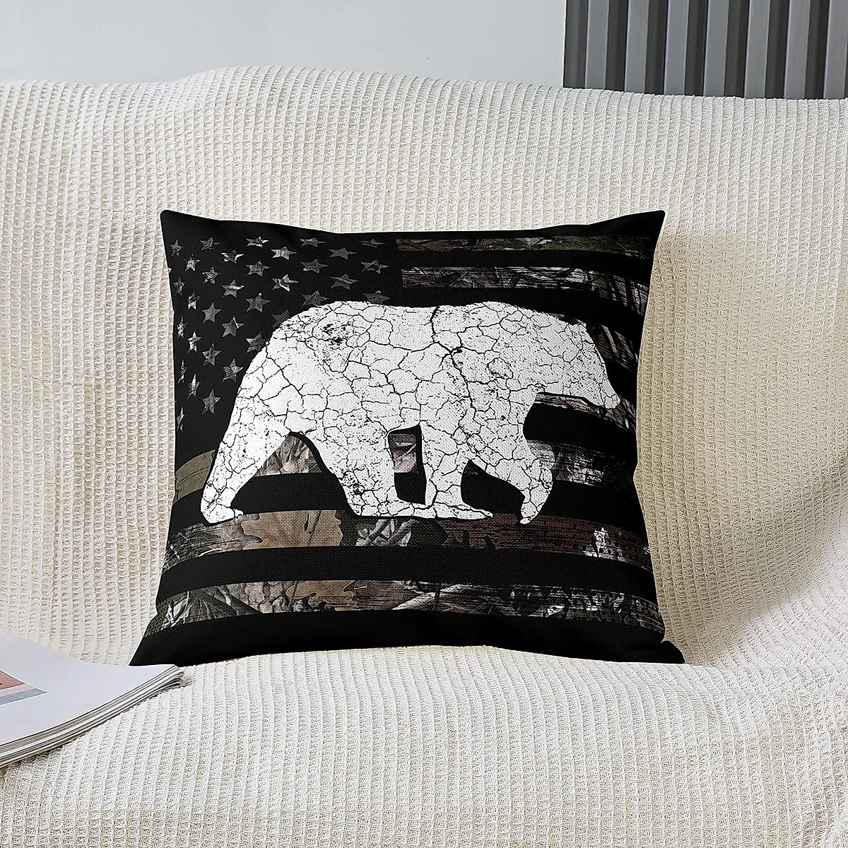 American Flag Pillow Cover 18x18 Inch Bear Animal Silhouette with Irregular Camo Pattern Cushion Cover for Bedroom Sofa Office Boho Rustic Style Pillow Case for Kids Teens Adults