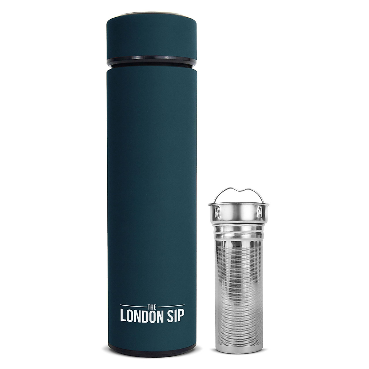 London Sip Multi-Purpose Travel Mug and Tumbler Fruit Infused Flask Hot and Cold Double Wall Stainless Steel Thermos with Extra-Long Infuser, Midnight Teal