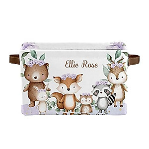 Woodland Animals Purple Flower Personalized Storage Bins,Foldable Baskets Organizer with Handle for Nursery Pet Toy Clothes Box 1 Pack