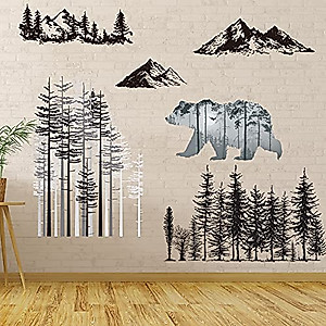 3 Sheets Mountain Forest Bear Wall Decals Stickers Pine Tree Wall Decals Woodland Trees Wall Stickers Deer Forest Decals for Kids Nursery Bedroom Living Room Decor, 11.8 x 35.4 Inches (Bear)