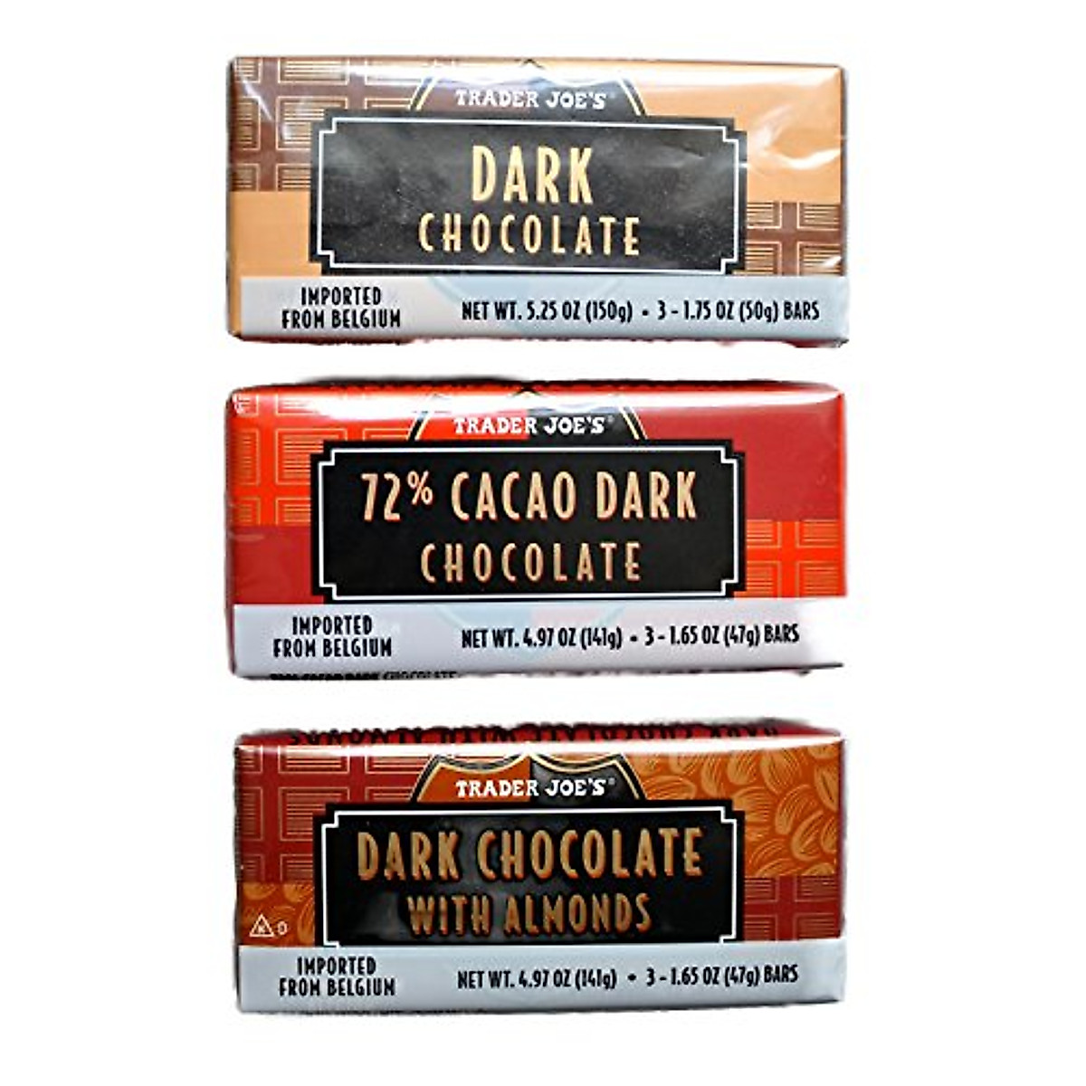 Trader Joe's Belgian Dark Chocolate Bars 3 Variety Pack - Total 9 Bars, 1.7 ounces