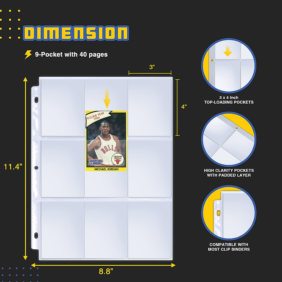 CLOVERCAT 4 Pocket Trading Card Sleeve Pages, 50 Pack, Black, Acid-Free, UV Protection, Pre-punched 3-holes, Holds 400 Cards