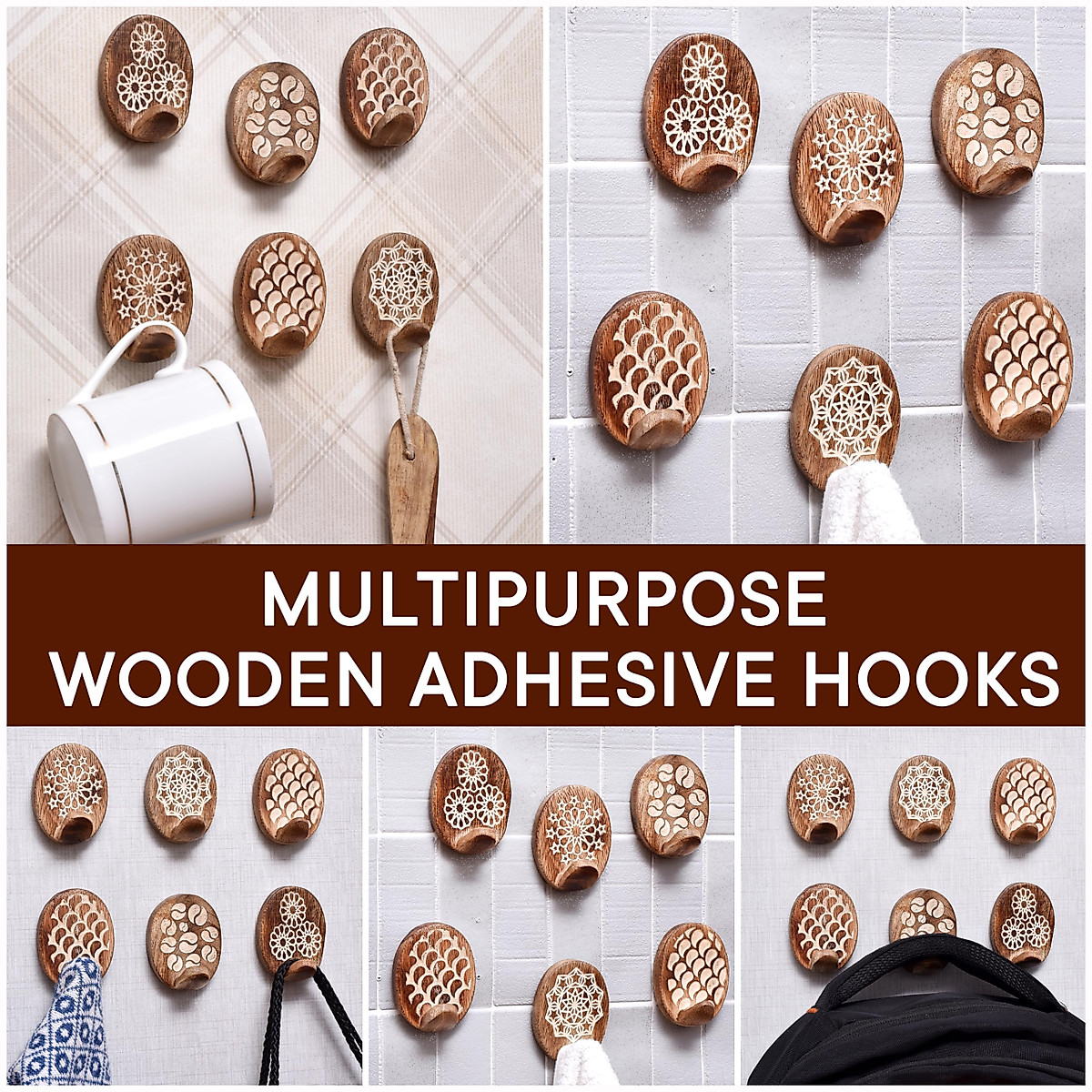 Indian Shelf 6 Pack Wood Wall Hooks- Adhesive Wall Hooks -Decorative Wall Hooks for Hanging- Boho Wall Hooks -Sticky Coat Hooks Wall Mount- Wooden Towel Hooks for Bathroom Wall Mounted- Style 1