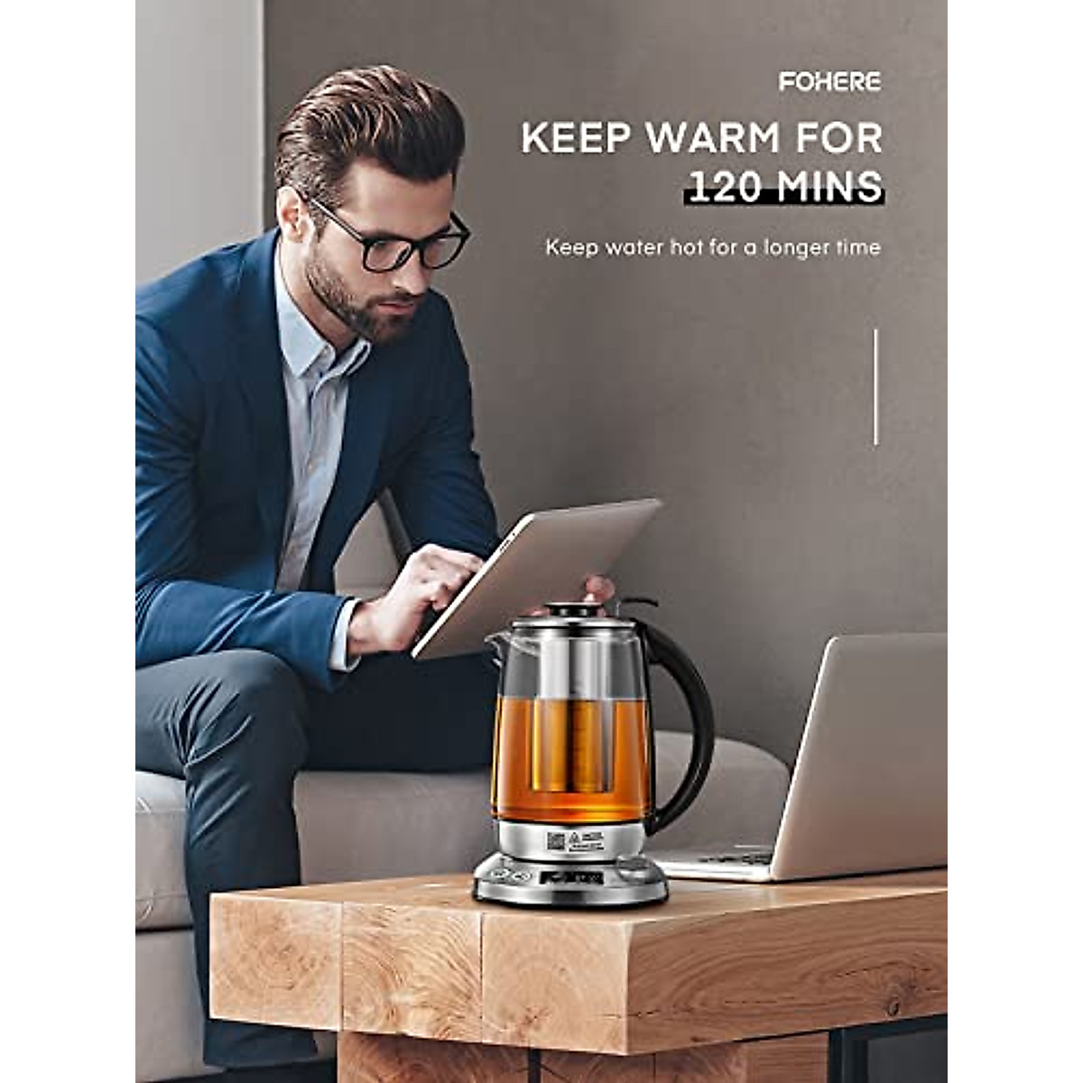 Electric Tea Kettle with 9 Presets, FOHERE Glass Kettle with Removable Infuser, 140℉ to 212℉ Precise Temperature Control, 1200W, 1.7L, Borosilicate Glass | Stainless Steel
