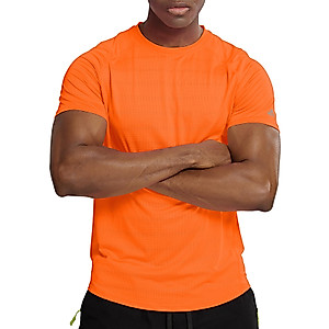 Zengjo Mens Athletic Shirts Short Sleeve Fitted Moisture Wicking Quick Dry(Neon Orange,L)
