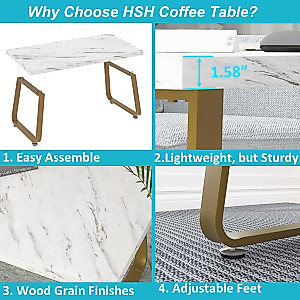 HSH White Marble Coffee Table, Modern Faux Marble Living Room Table, Wood and Metal Legs Center Table, Fashion Rectangular Tea Table for Office Minimalist Cocktail Table, White Marble and Gold, 47 in
