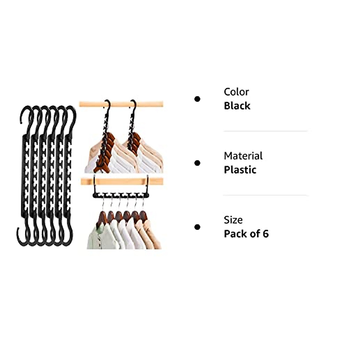Smartor Space Saving Hangers - 6 Pack, Dorm Room Essentials Magic Hangers Saving 80% Space, Closet Organizers and Storage, Space Saver Hangers Closet Organizers Multifunctional Hangers - Black