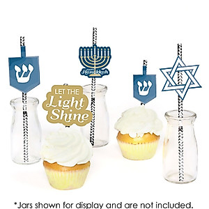 Big Dot of Happiness Happy Hanukkah Paper Straw Decor - Chanukah Party Striped Decorative Straws - Set of 24