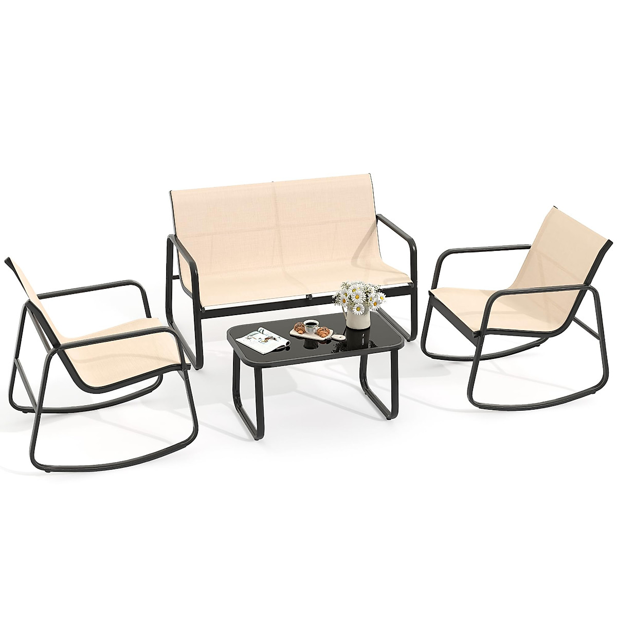 YITAHOME 4 Piece Patio Furniture Set, Small Backyard Bistro Rocking Chairs, Loveseat and Glass Table, Textilene Outdoor Conversation Set for Lawn, Garden, Balcony, Poolside (Brown)