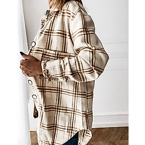 Ladies button shirt long-sleeved plaid top regular-fit casual T-shirt with pockets Khaki Medium