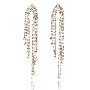 Yokawe Zinc Tassel Dangle Drop Earrings Gold Sparkly Rhinestone Earrings Boho Statement Long Chain Crystal Chandelier Earring Wedding Hook Ear Jewelry for Women and Teen Girl