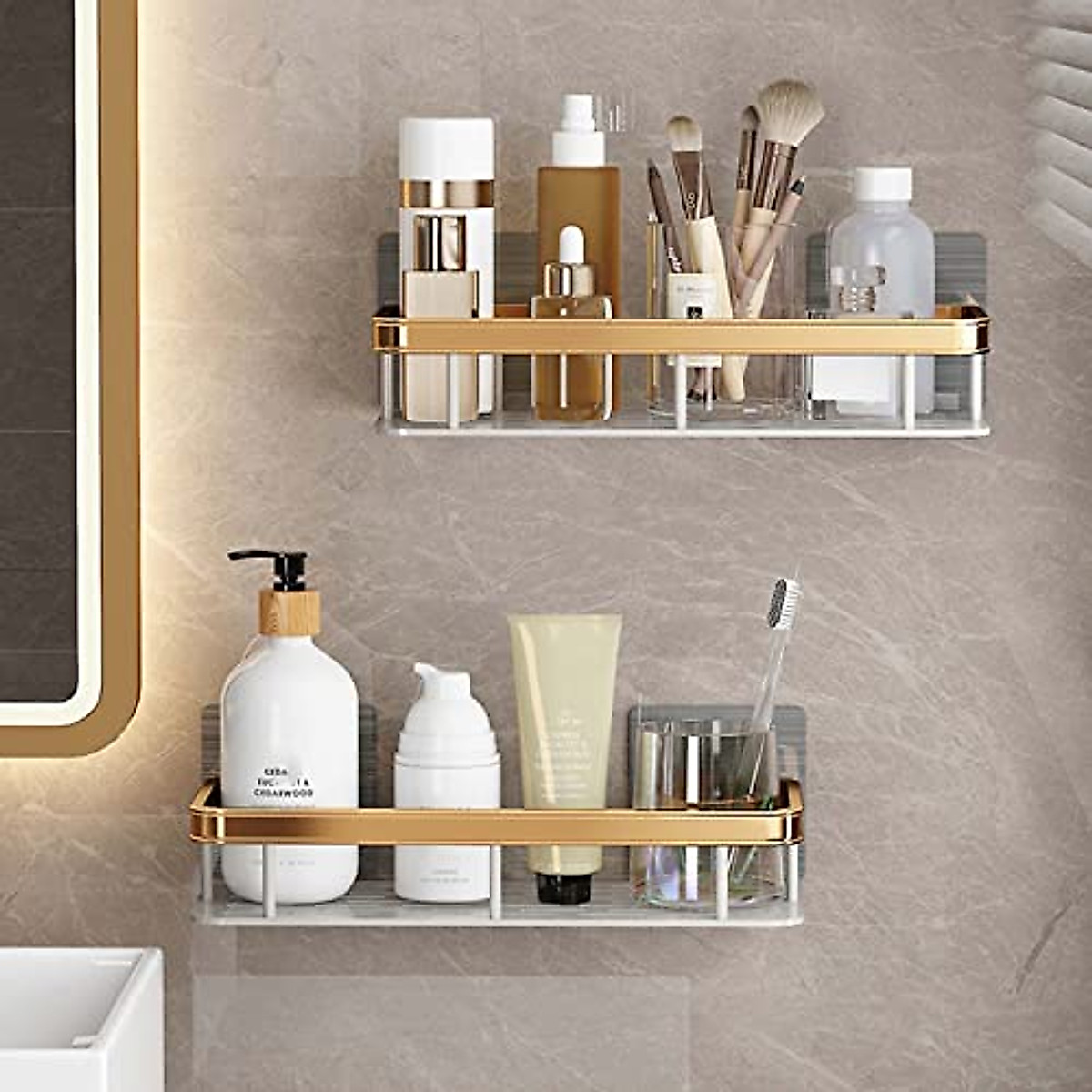FVRTFT Bathroom Shelves No Drilling Shower Shelves Anti Rust Shower Rack Self Adhesive Wall Mounted Space Aluminum For Restroom Toilet,gold,2 Tier