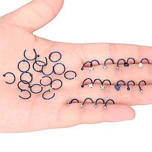 32Pcs Style-2 20G Blue 32Pcs 20G Unisex L-Shaped C-Shaped Nostril Screw Nose Tongue Lip Ear Rings Hoop Studs Seamless Hinged Rings Ball Closure Rings Mixed Set