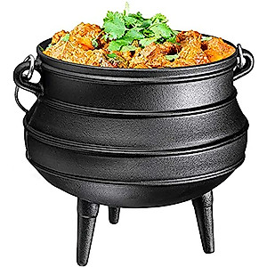 Bruntmor Pre-Seasoned Cauldron Cast Iron | 10 Quarts - African Potjie Pot with Lid | 3 Legs for Even Heat Distribution - Premium Camping Cookware for Campfire, Coals and Fireplace Cooking (Large)