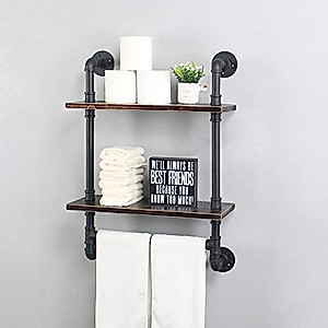 Murtain Industrial Pipe Bathroom Shelves 2-Tier Wall Mounted,19.7 Rustic Shelf with Bath Towel Bars,Farmhouse Rack,Metal & Wooden Floating Shelves,Over The Toilet Storage Shelf,Vintage Black