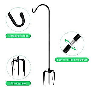 Urban Deco Shepherd Hook 65 Inch 1/2 Inch Thick, Adjustable Metal Garden Pole Heavy Duty Hanger for Bird Feeders, Hanging Plant Basket, Solar Lights Lantern, Weddings Outdoor (Black 4 Pack)