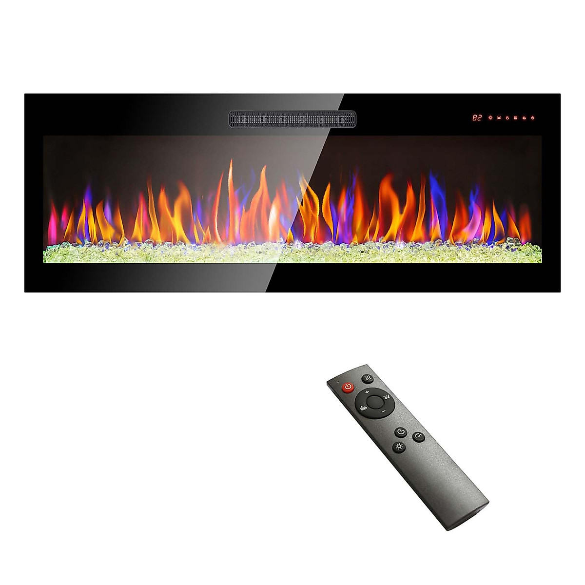 50 Inch Ultra-Thin Electric Fireplace, Recessed and Wall Mounted Fireplace, LED Light Heater with Remote Control, Tempered Glass Front Electric Fireplace with Multi Color Flame & Emberbed (50 inch)