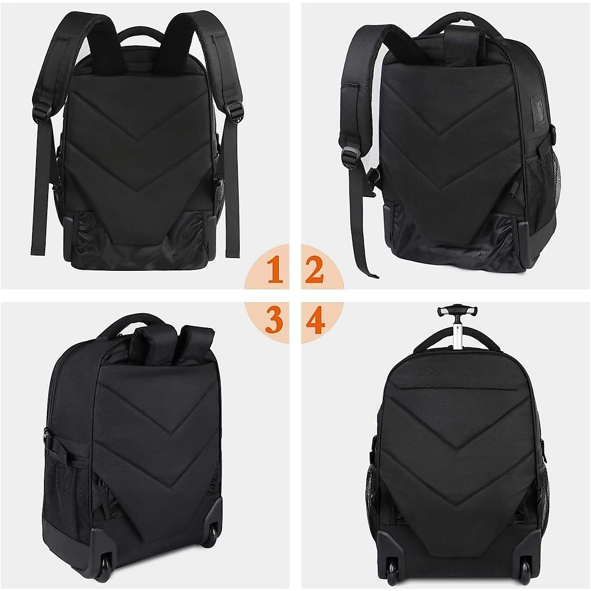 Backpack with Wheels, Large Rolling Backpack for Men Women, Water Resistant Business Travel Carry on Wheeled Backpack Bag, Durable Roller College School Computer Bookbag Fits 15.6 Inch Laptop, Black