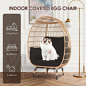 OTSUN Oversized Wicker Egg Chair: Outdoor Indoor Lounger with 4 Cushions, 440lb Capacity, Egg Basket Chair for Living Room, Backyard, Balcony, Patio, Black