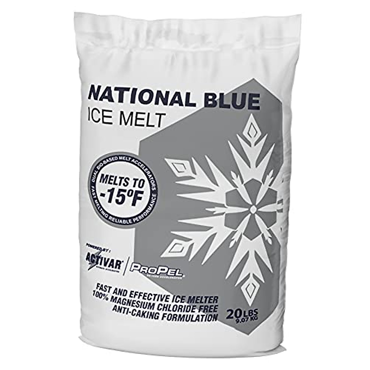 National Blue Ice Melt 20lb Bag - Fast Acting Ice Melter - Pet, Plant and Concrete Friendly, Environmentally Safe - Free of Magnesium Chloride - Melts to -15°F