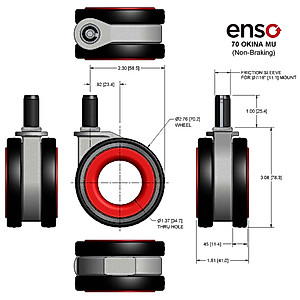 Enso Motion Office Chair Replacement Caster Wheels, 70 Okina Mu Series - Black (Set of 5)