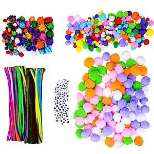 ZHAOER 200 Pieces Chenille Stems - 250 Pieces 6 Sizes Assorted Pom Poms - 100 Pieces Glitter Pompoms and 150 Pieces Wiggle Googly Eyes for DIY Arts Crafts