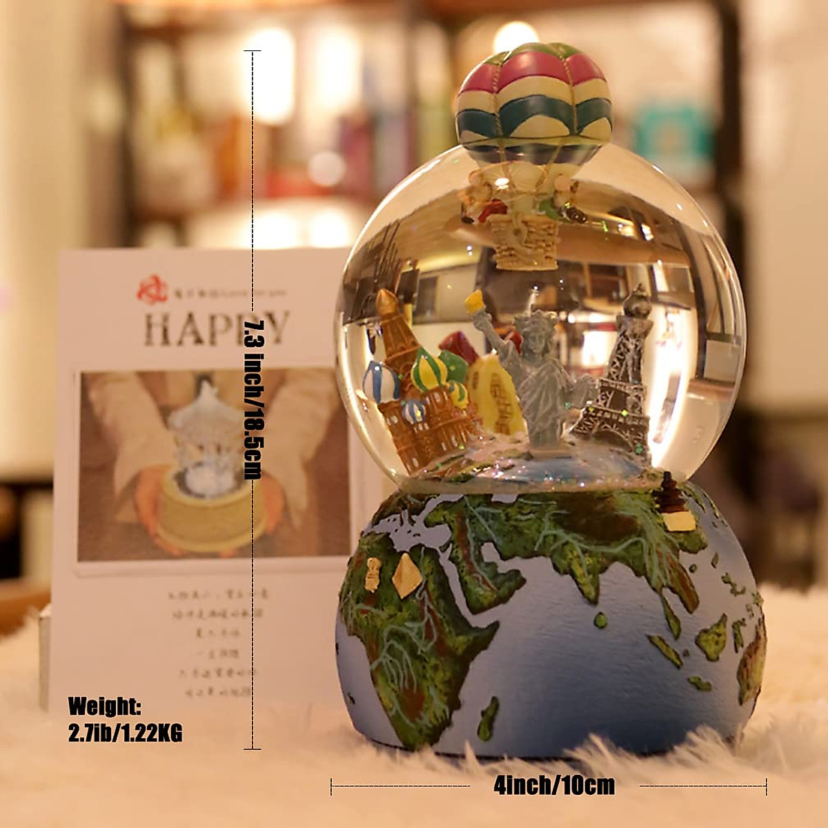 Snow Globe Valentine's Day with Music for Kids Boys Girls Women Adults Unique Gift 3D Hot Air Balloon Snowglobes Around The World Travel Rotating Christmas Music Box Decorations