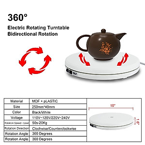 Xeternity-Made Electric Motorized Rotating Turntable Display Stand, 10inch/25cm Diameter, 110pounds Load, 360 Degree Rotating in Either Direction (White)