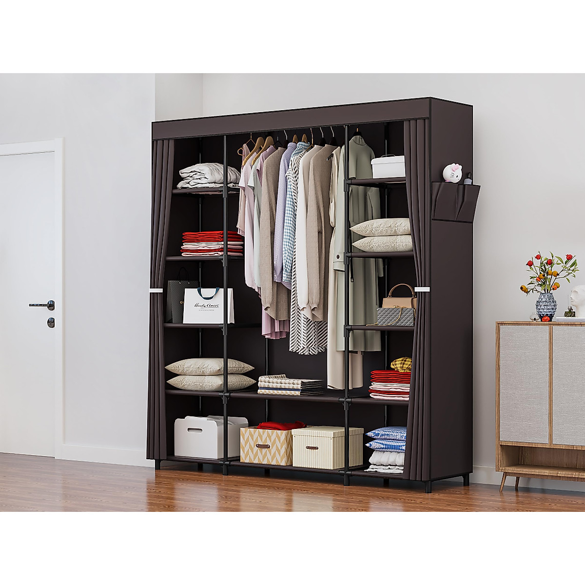 INGIORDAR Portable Closet Wardrobe Organizer Storage with Cover Non-Woben Fabric Portable Wardrobe Closet for Hanging Clothes Racks Shelving 59 Inch for Bedroom, Coffee