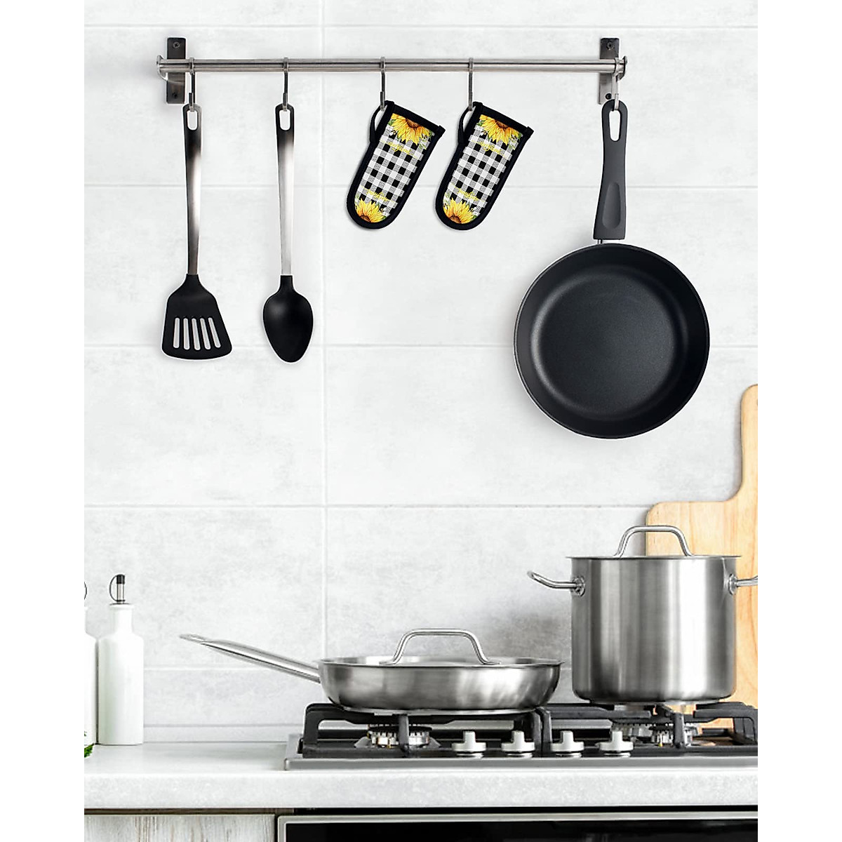 2 Pack Cast Iron Handle Cover, Sunflower Pot Holders Covers Heat Insulation, Spring Floral Summer Botanical Black Plaid Skillet Handle Cover Hot Pan Handle Sleeve for Kitchen Cooking Cookware