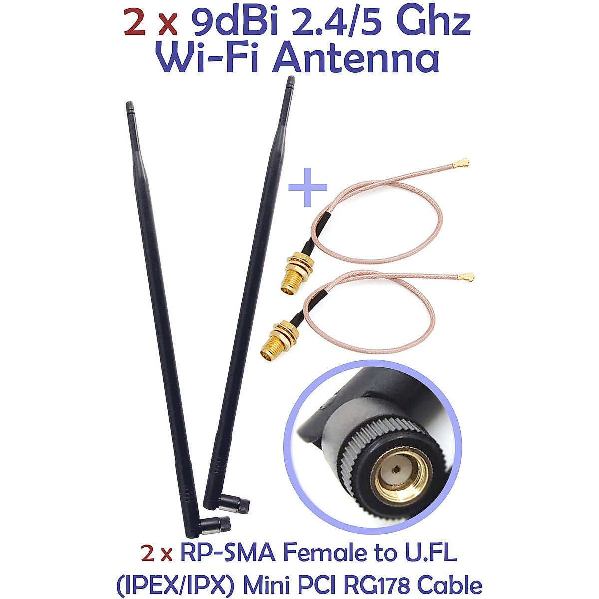 Set of 2 Omni-Directional Wi-Fi Long Range Dual Band 9 Dbi Antenna 2.4/5Ghz 802.11n/b/g and 2 RF U.FL Mini PCI to RP-SMA Female Pigtail Antenna Wi-Fi Cable (Kit for Routers, mini PCIe Cards)