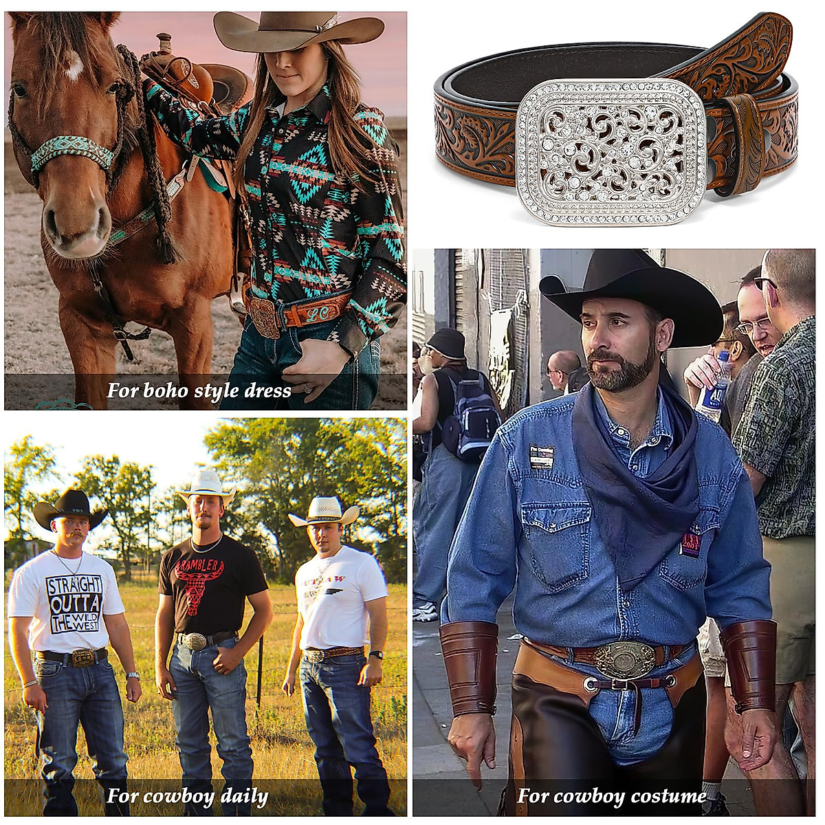 XZQTIVE Women Men Western Belt Vintage Country Belts For Cowgirl Cowboys Genuine Leather Belt with Silver Diamond Buckle