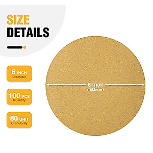LuckyGuard 100 PCS 6 Inch Gold PSA Sanding Discs 80 Grit Self Adhesive Sticky-Back Sandpaper for DA Sander Finishing Various Materials-Wood Metal Plastics Woodworking Sanding Disc Roll