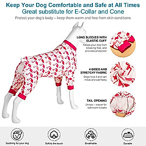 LovinPet Large Dog Pjs, Anxiety Calming Shirt, Dog Jammies for After Surgery, Flamingo Print, Large Dog Clothes, 4 Leg Style Pullover Dog Onesie for Dog,Red M