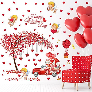 Valentine's Day Wall Decals Decor Pink Heart Tree Wall Stickers Couple Gnome Love Window Sticker Cupid Wall Sticker Valentines Window Decal Peel and Stick for Wedding Anniversary Engagement Decoration