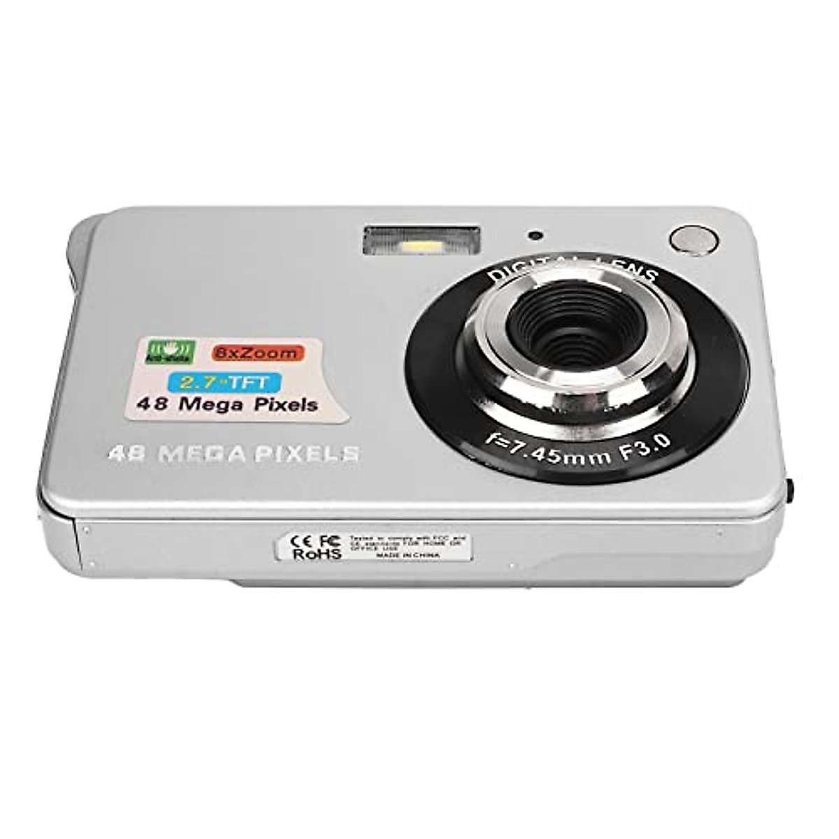 4K Digital Camera, 2.7in LCD Display, Vlogging Camera, 8X Zoom, 48MP, Rechargeable Mini Camera, with Fill Light, Anti Shake, for Photography Continuous Shooting (Silver)