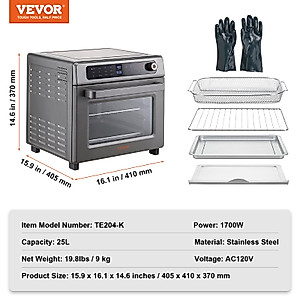 VEVOR 12-IN-1 Air Fryer Toaster Oven, 25L Convection Oven, 1700W Stainless Steel Toaster Ovens Countertop Combo with Grill, Pizza Pan, Gloves, 12 Slices Toast, 12-inch Pizza, Home and Commercial Use