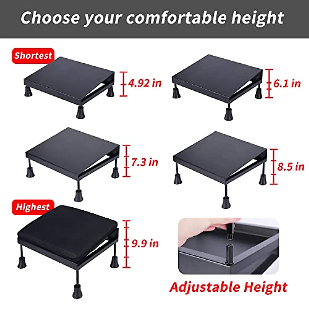 Mymyth Office Foot Rest for Under Desk at Work - Iron Adjustable Ergonomic Footrest Strong & Durable - 6 Heights Foot Stool with Memory Foam Cushion - for Computer Gaming