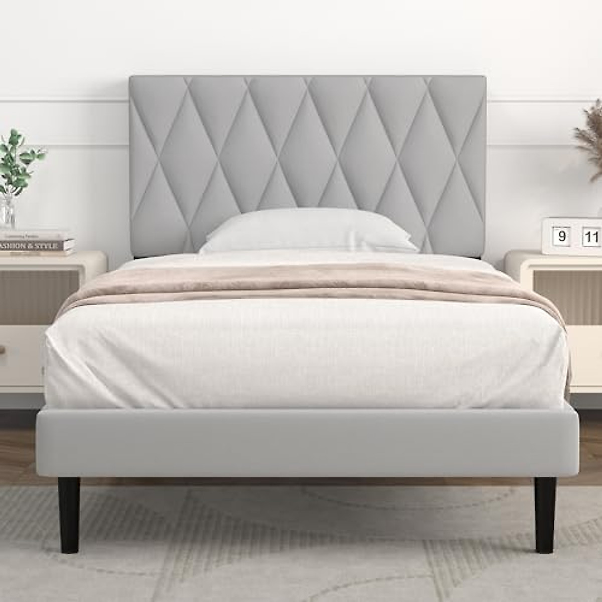 IYEE NATURE Twin Bed Frame Upholstered Platform with Headboard and Strong Wooden Slats, Strong Weight Capacity, Non-Slip,No Box Spring Needed, Easy Assembly,Twin Size Bed Frame,Gray
