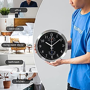 HITO 10” Silent Wall Clock Battery Operated Non Ticking Sweep Movement Glass Cover Silver Aluminum Frame, for Kitchen, Bedroom, Home Office, Living Room Decor (Black)