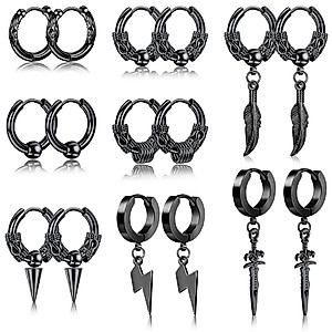 SAILIMUE 8Pairs Surgical Stainless Steel Huggie Hoop Earrings For Men Women Hypoallergenic Punk Hip Hop Cool Goth Earrings Black Silver Vintage Feather Drop Dangle Earrings Set