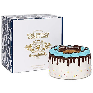 Thoughtfully Pets, Boy Dog Birthday Cookie Cake, Ginger Flavored, Blue 6 Inch Round Solid Biscuit Decorated as a Dog Birthday Cake with Frosting and Sprinkles