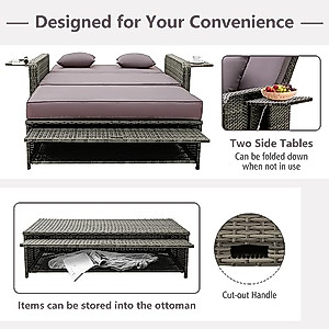 Tangkula Patio Rattan Daybed Set, Wicker Loveseat Sofa w/Multipurpose Ottoman & Retractable Side Tray, 4-Level Adjustable Backrest, Footstool w/Storage, Seat & Back Cushion Included (Gray)