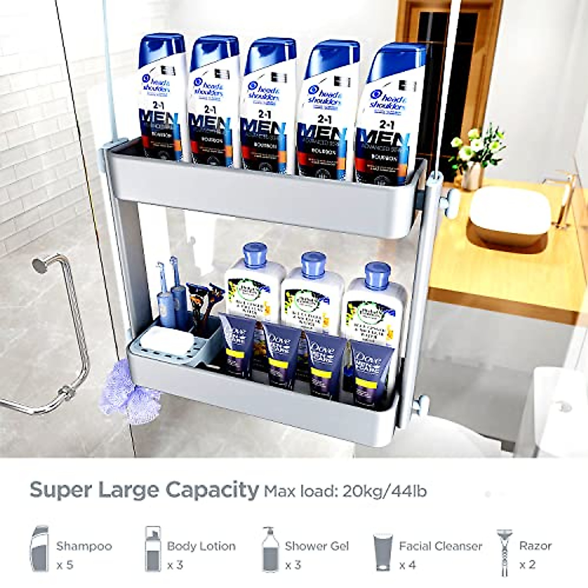 dabria Shower Caddy Hanging, Stable Shower Caddy Over Shower Head with Adjustable Height, 3 in 1 Rust Proof Shower Organizer Shelf, No Drilling, 4 Powerful Suction Cups, Non-Slip Hanging Shower Caddy