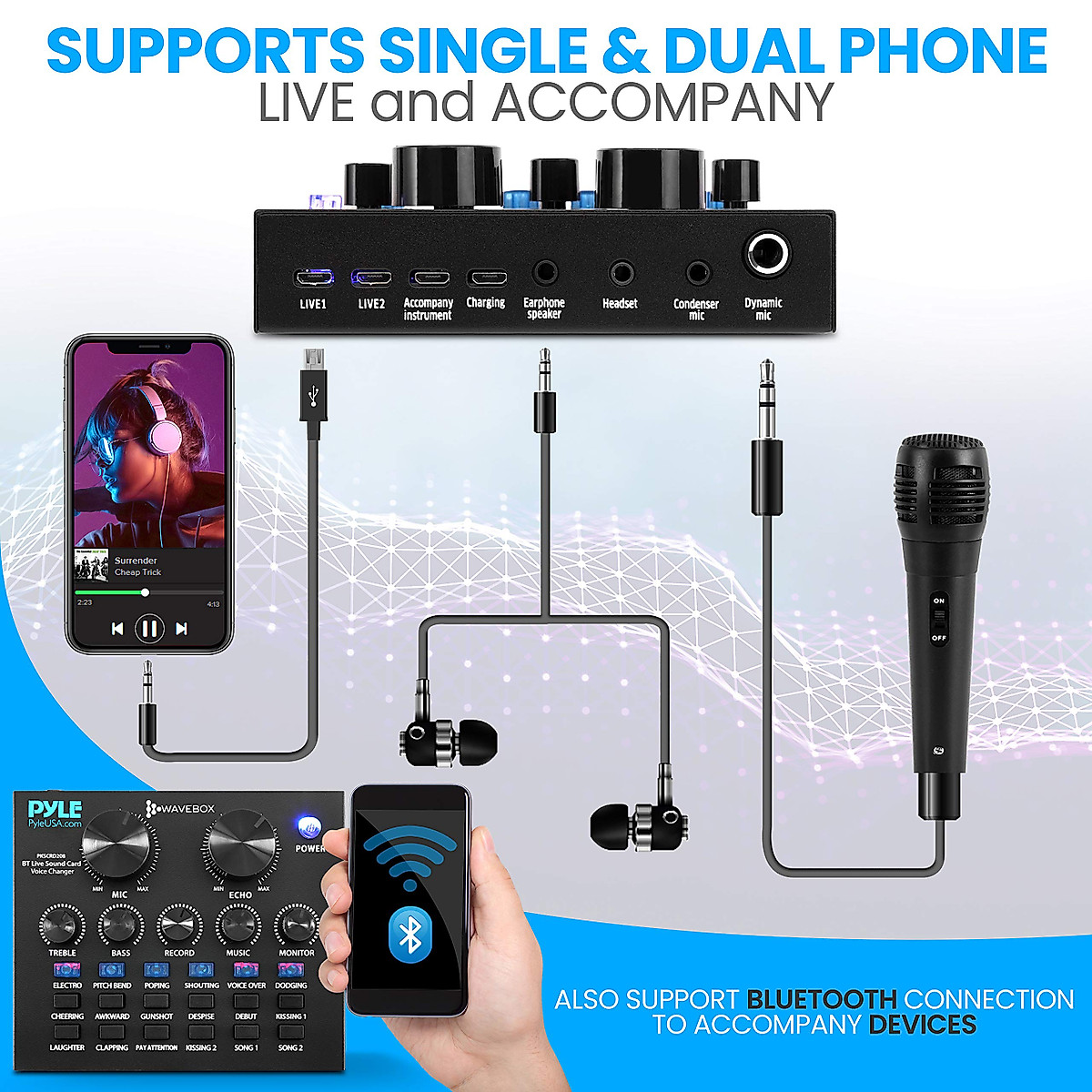 Pyle PKSCRD208 Bluetooth Mini Audio Interface Mixer - 2 Channels, DSP Noise Reduction, 6 Sound Modes, 12 Sound Effects, USB Connectivity, Compatible with Smartphone, PC, Laptop