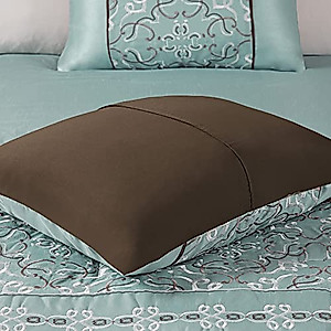 Madison Park Essentials Jelena Room in A Bag Faux Silk Comforter Classic Luxe All Season Down Alternative Bedding, Matching Bedskirt, Curtains, Decorative Pillows, Queen(90"x90"), Seafoam 24 Piece